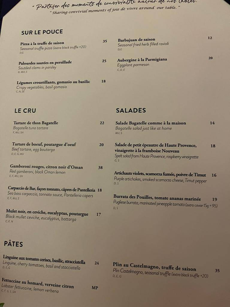 Menu at Bagatelle London restaurant, London