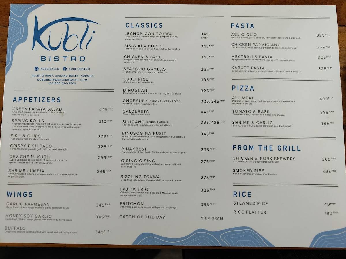 Menu at Kubli Bistro restaurant, Baler