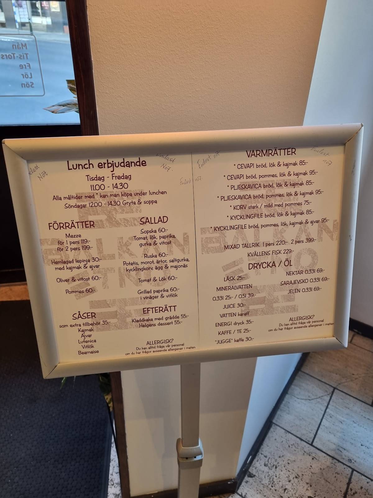 Menu at Balkan Etno restaurant, Malmö