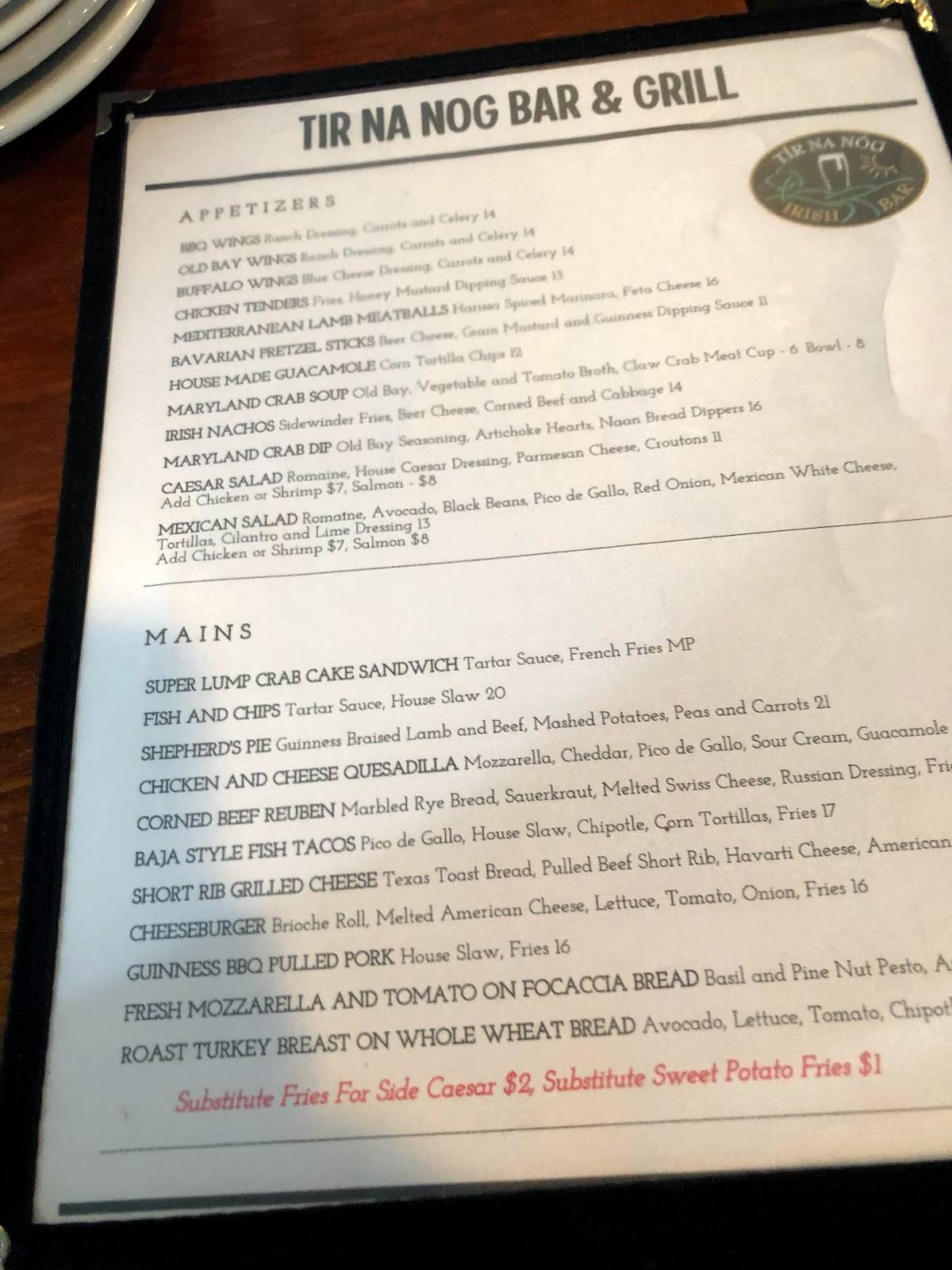 Menu at Tír na nÓg Irish Bar & Grill, Baltimore, Baltimore