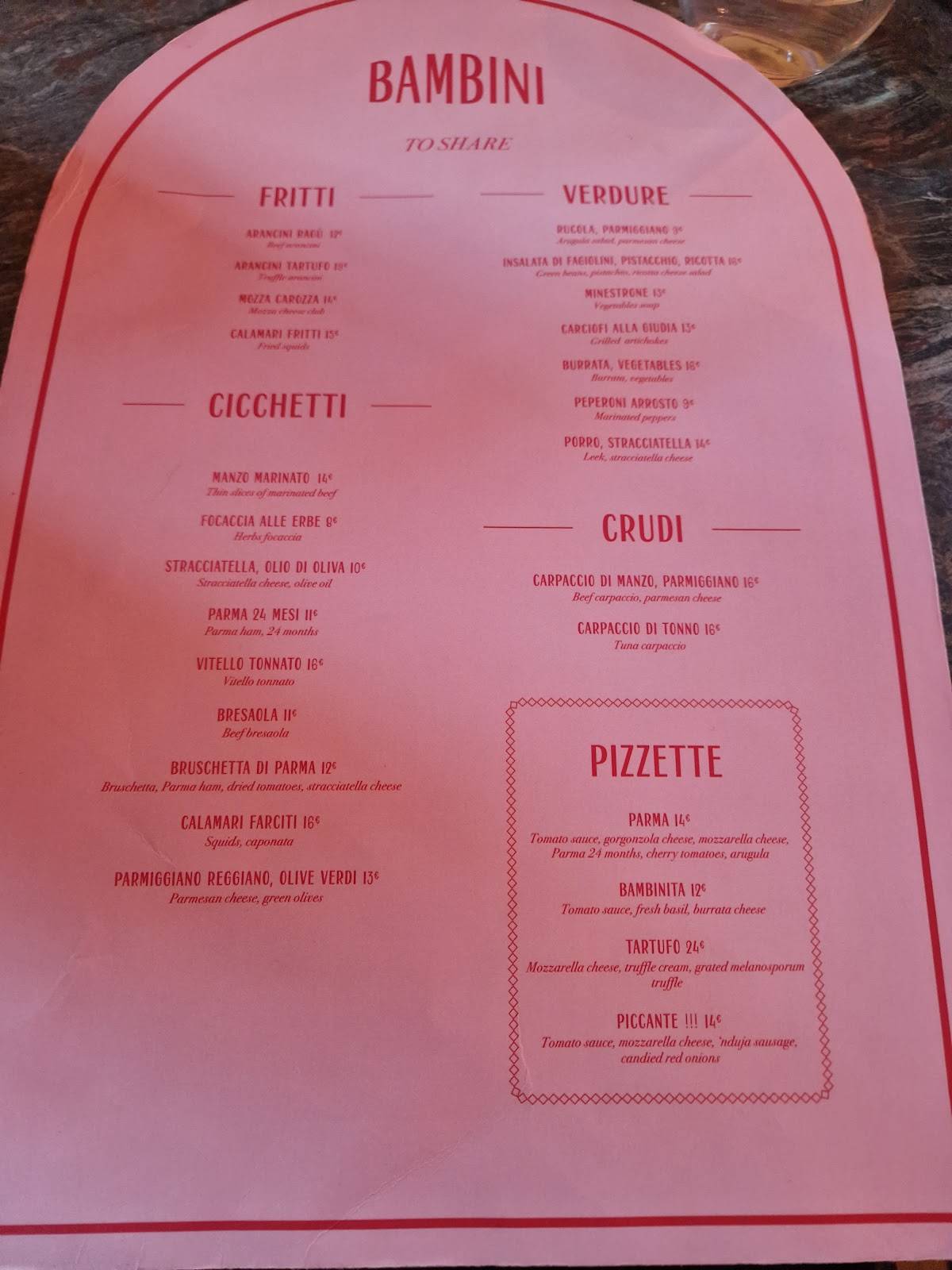 Menu at Bambini Paris restaurant, Paris, Palais De Tokyo