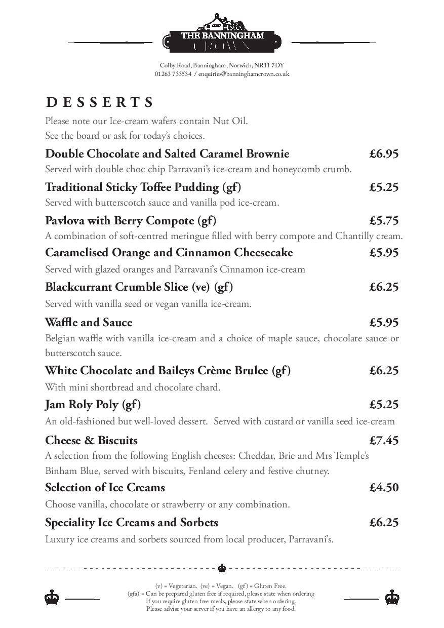 Menu at Banningham Crown pub & bar, Aylsham