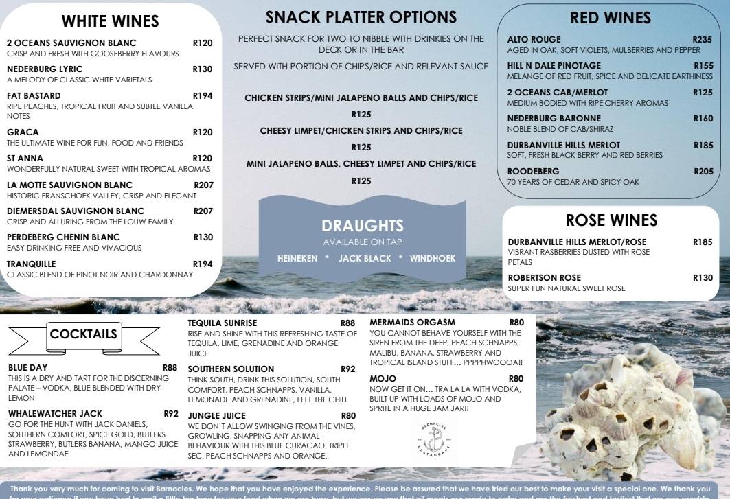 Menu at Barnacles Restaurant, Port Elizabeth
