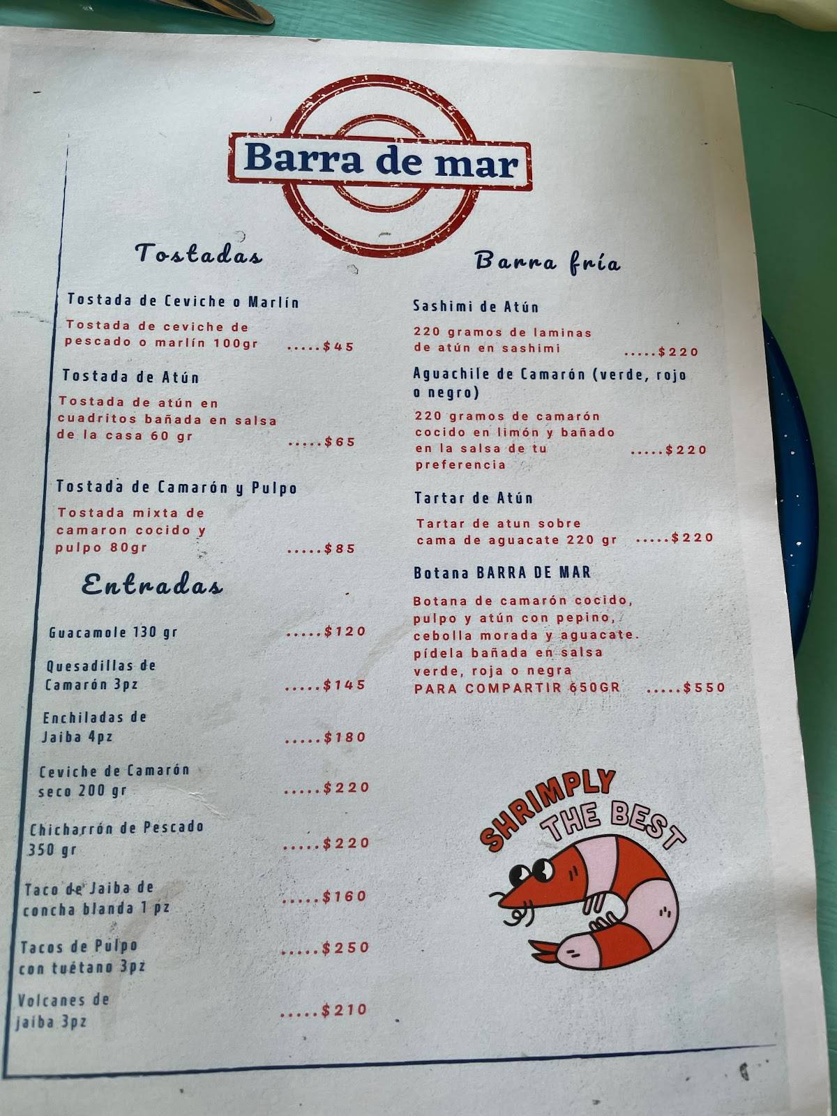 Menu at Barra de Mar, Puerto Vallarta