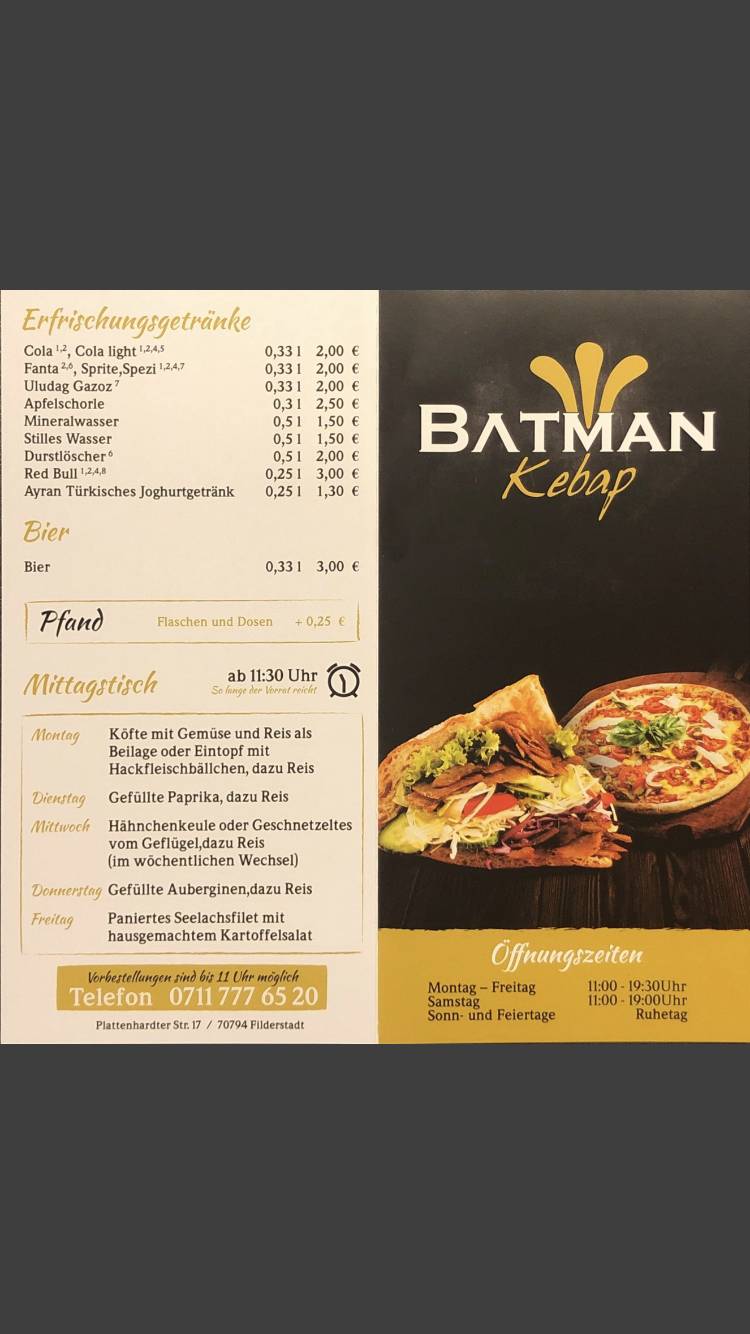Speisekarte von Batman Kebap fast Food, Filderstadt