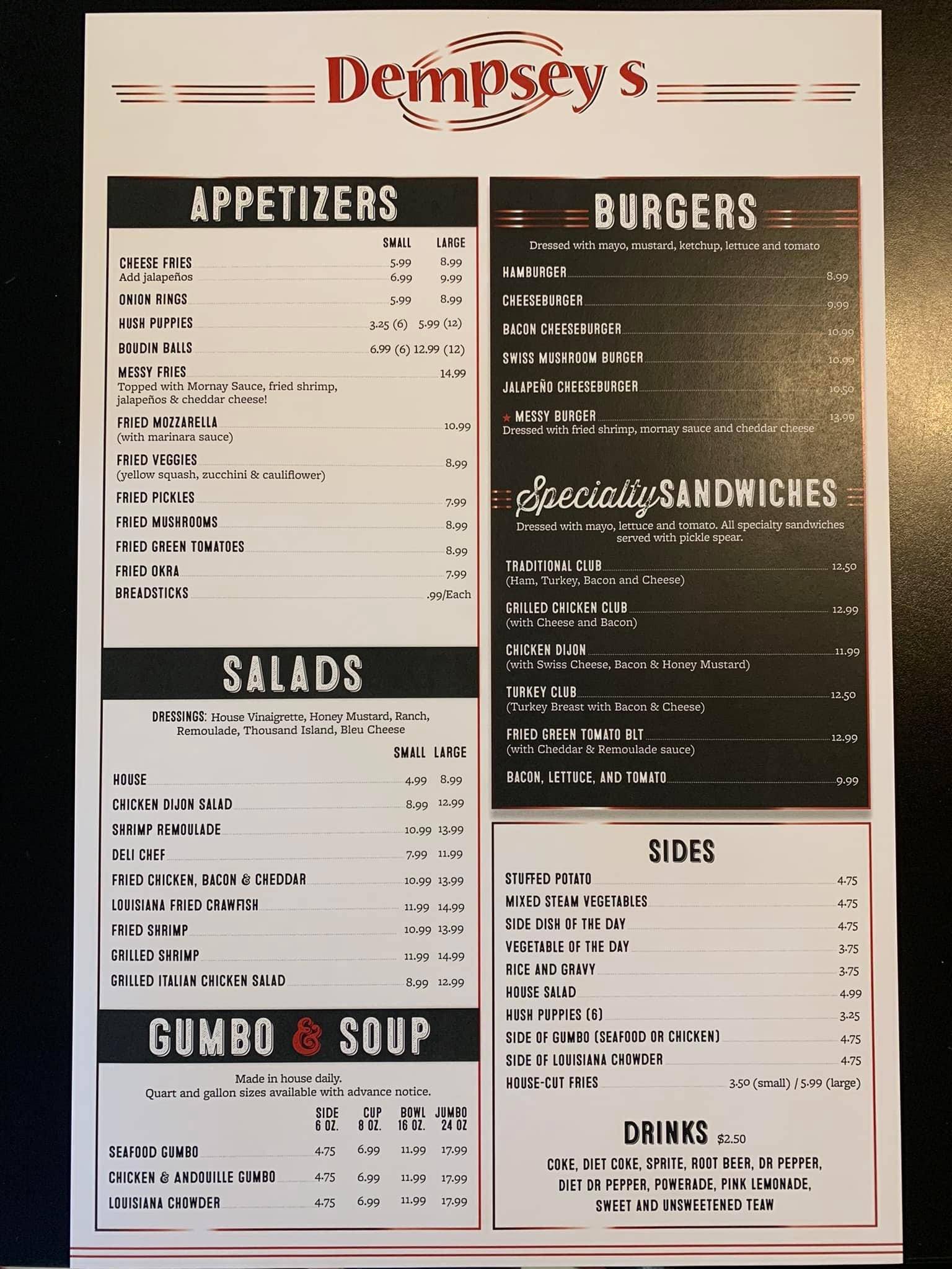 Menu at Dempsey's Poboys restaurant, Baton Rouge, Coursey Blvd