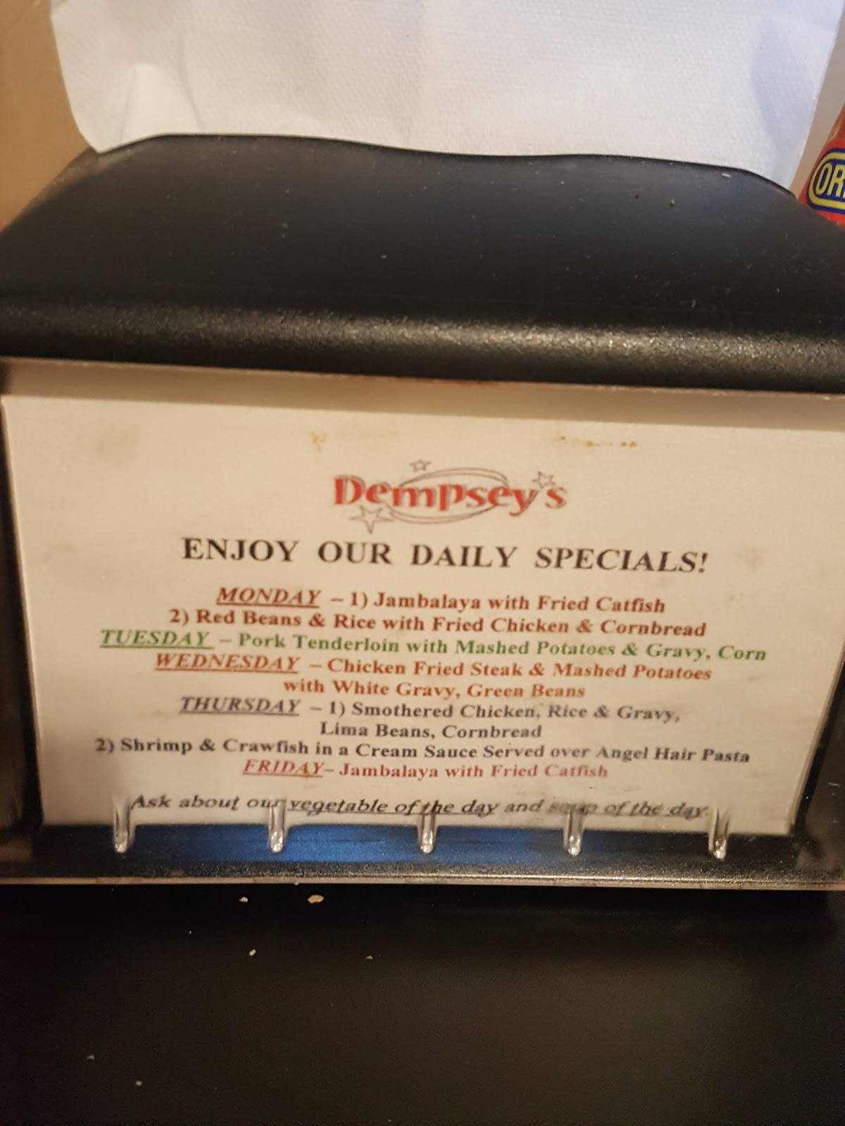 Menu at Dempsey's Poboys restaurant, Baton Rouge, Coursey Blvd