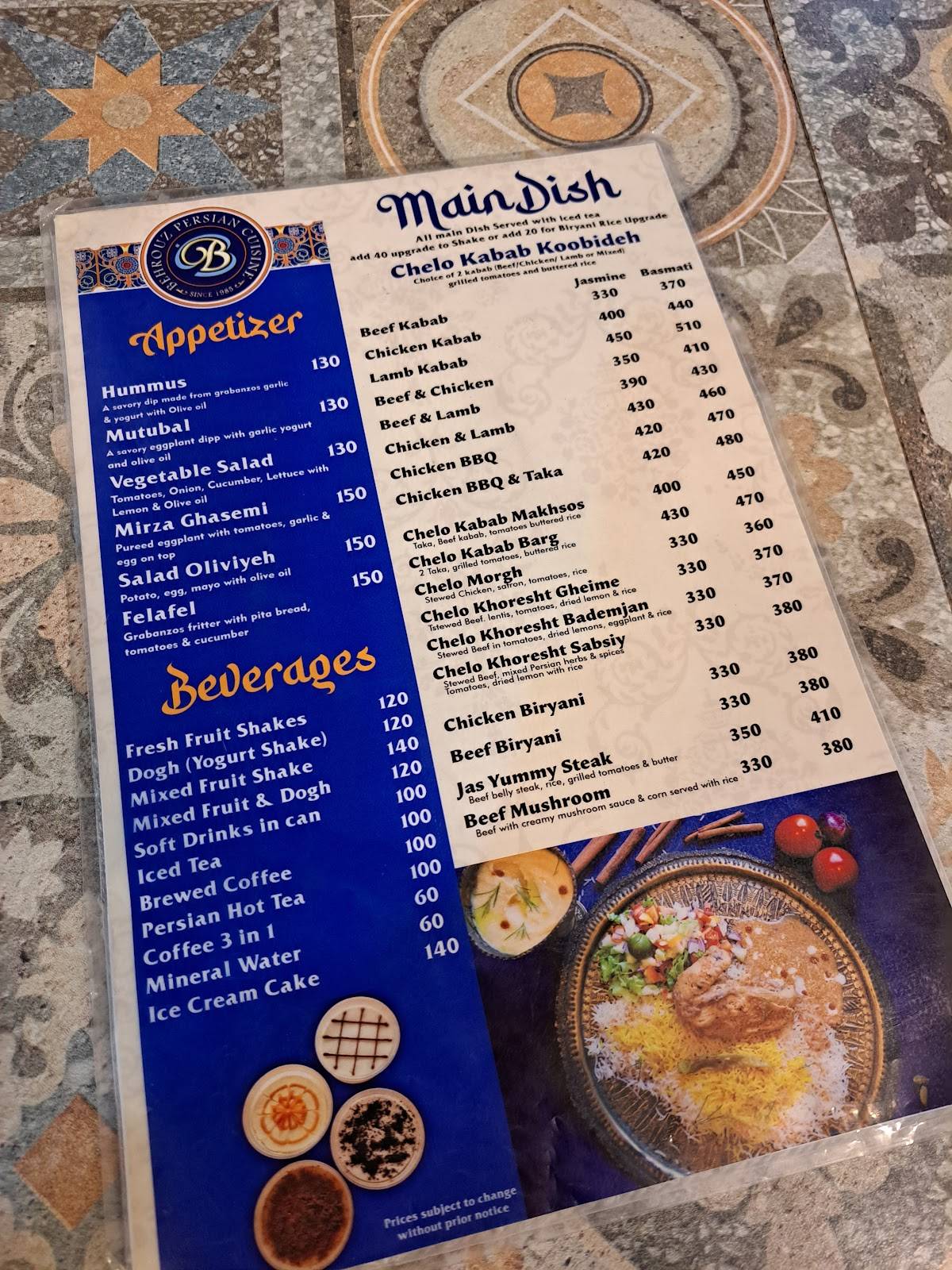 Menu at Behrouz Persian Cuisine restaurant, Quezon City, 50 Sct. Tobias St