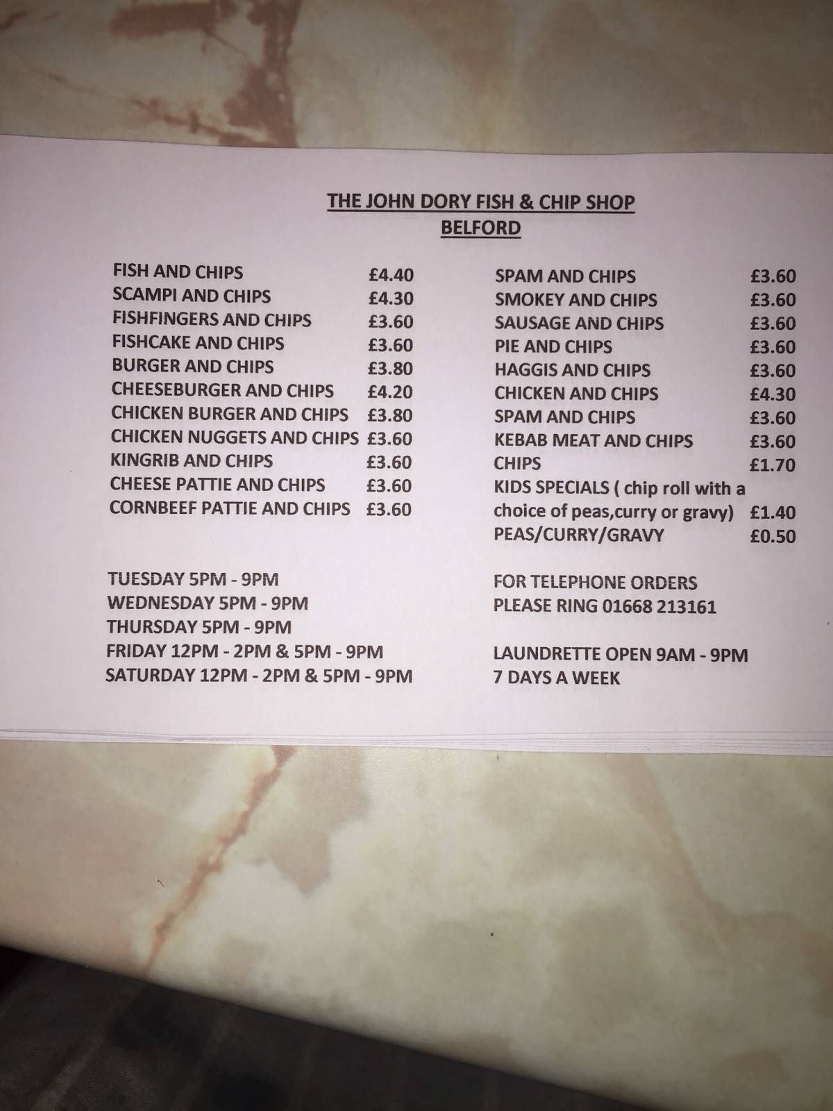 Menu at The John Dory fast food, Belford