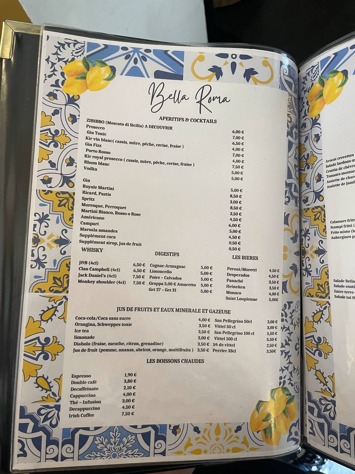 Menu au Bella Roma restaurant, Saint-Leu-la-Forêt