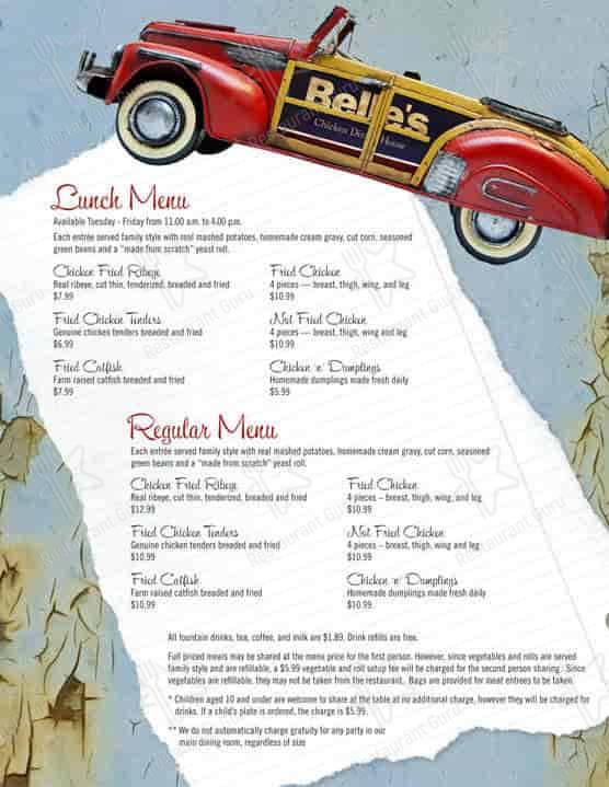 Menu at Belle's Chicken Dinner House restaurant, Abilene