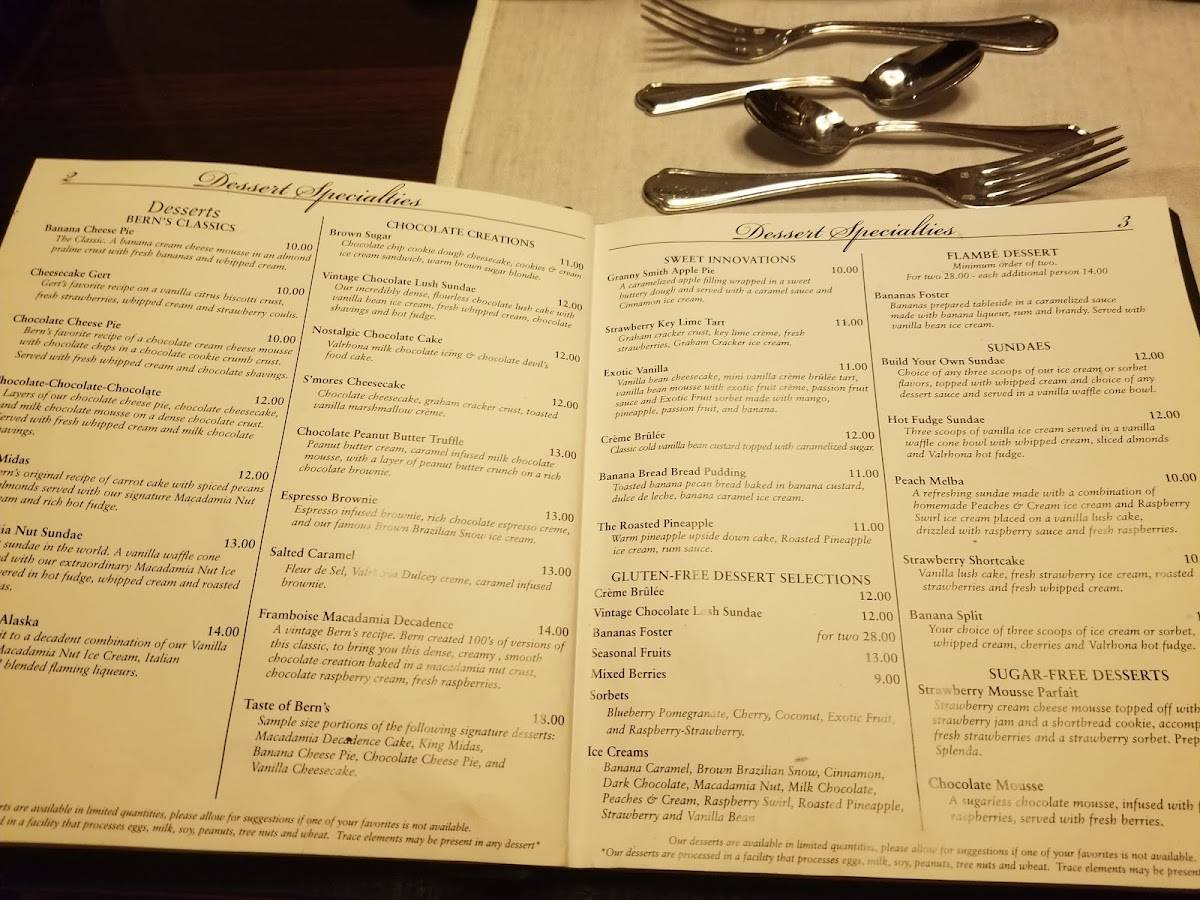 Menu at Bern's Steak House steakhouse, Tampa, 1208 S Howard Ave