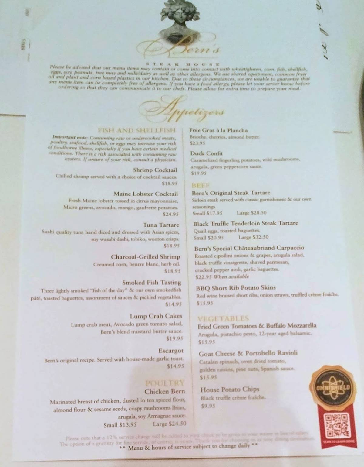 Menu at Bern's Steak House steakhouse, Tampa, 1208 S Howard Ave