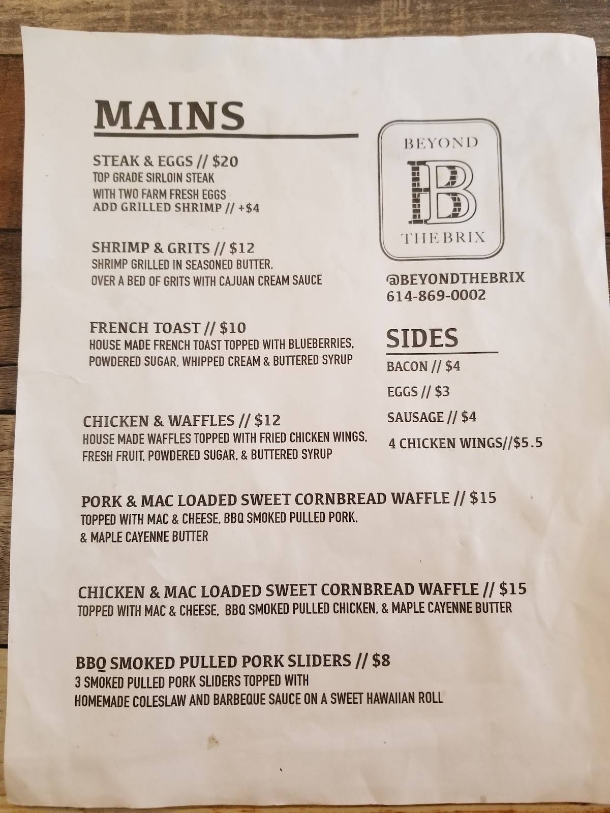 Menu at Beyond the Brix restaurant, Columbus, 5200 Riding Club Ln