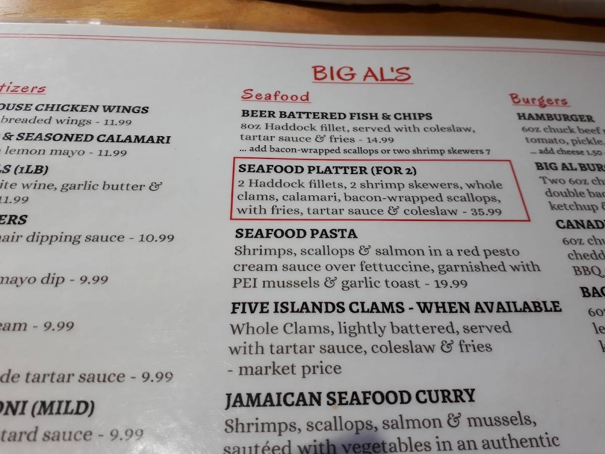 Menu at Big Al's Family Restaurant & Lounge, Tatamagouche
