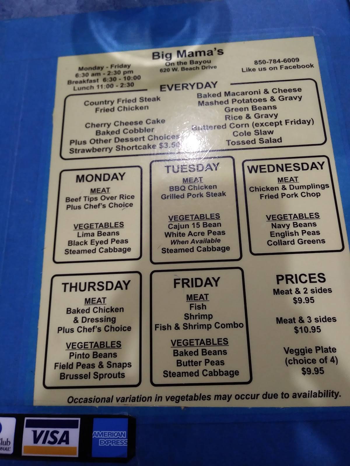 Menu at Big Mama's Country Cooking restaurant, Panama City, 620 W Beach Dr