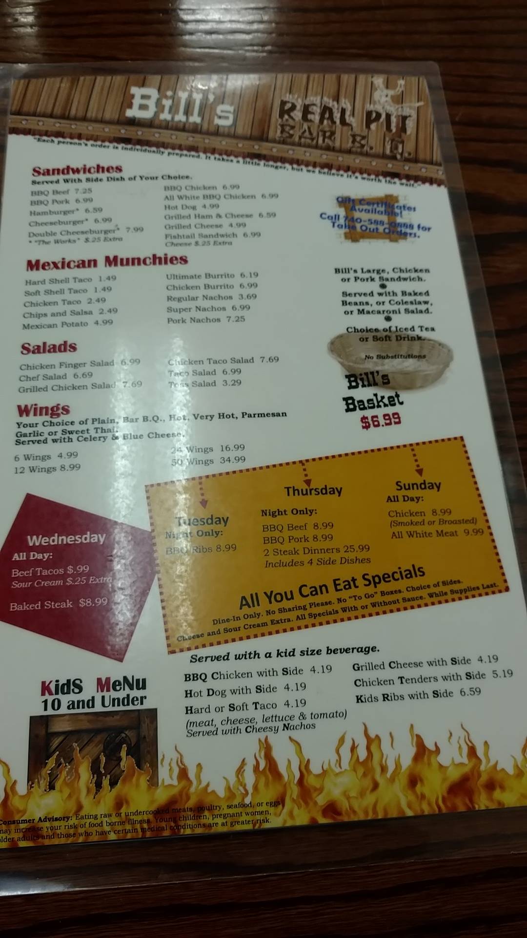Menu at Bill's Real Pit BBQ, North Zanesville