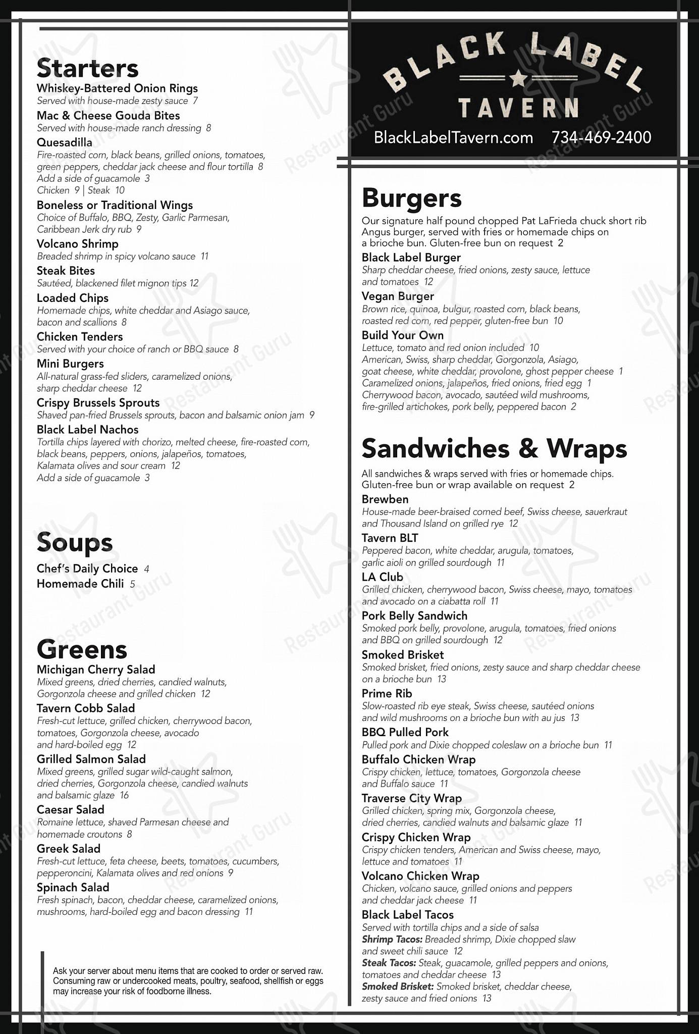 Menu at The Black Label Tavern Livonia pub & bar, Livonia