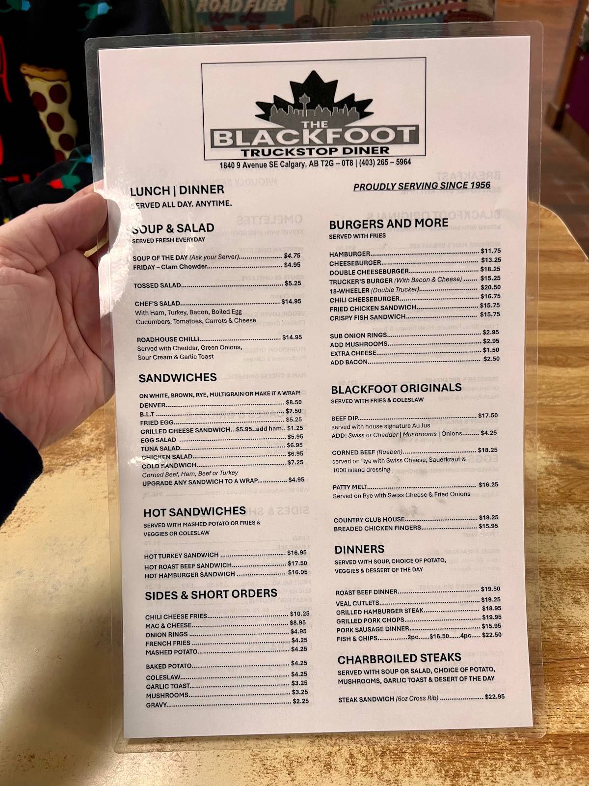 Menu at Blackfoot Truckstop Diner restaurant, Calgary