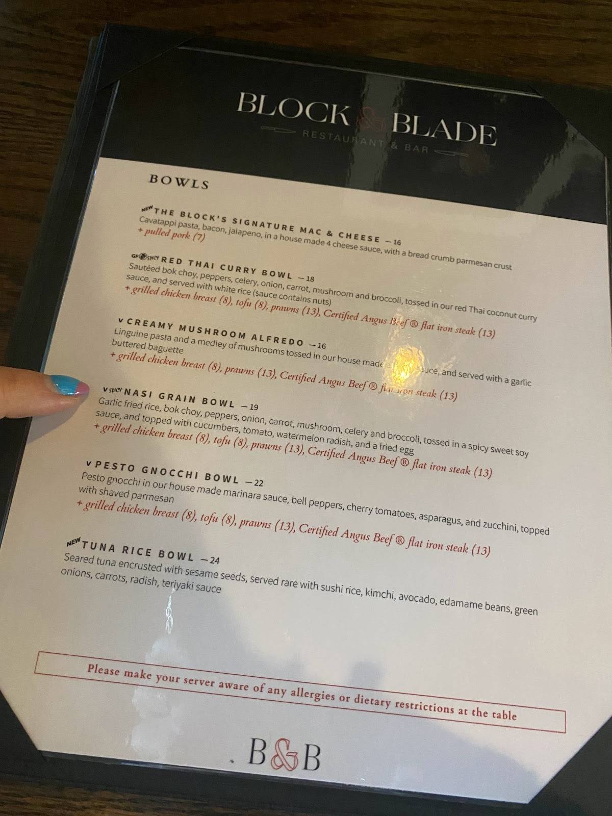 Menu at Block & Blade Restaurant and Bar, Winnipeg