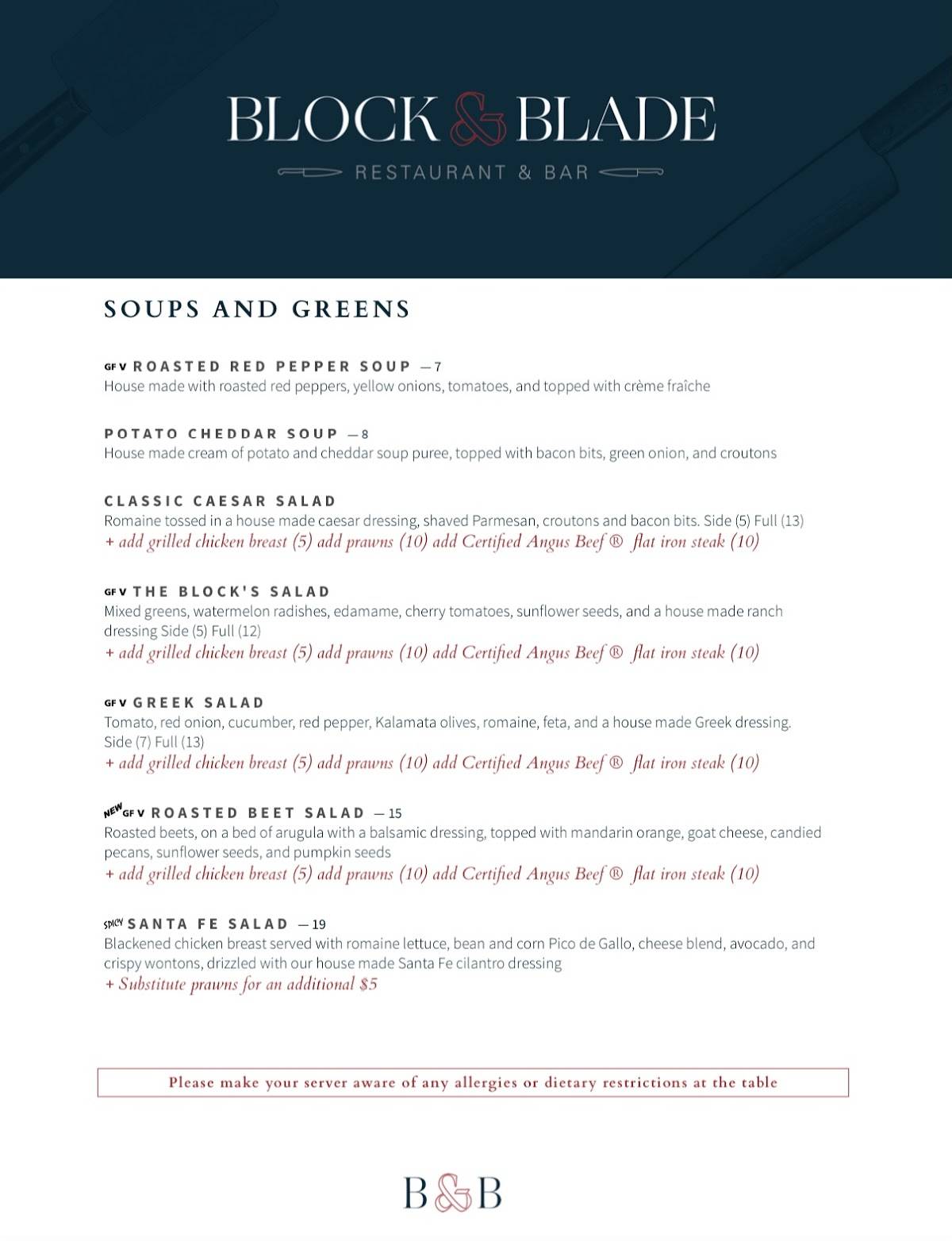 Menu at Block & Blade Restaurant and Bar, Winnipeg