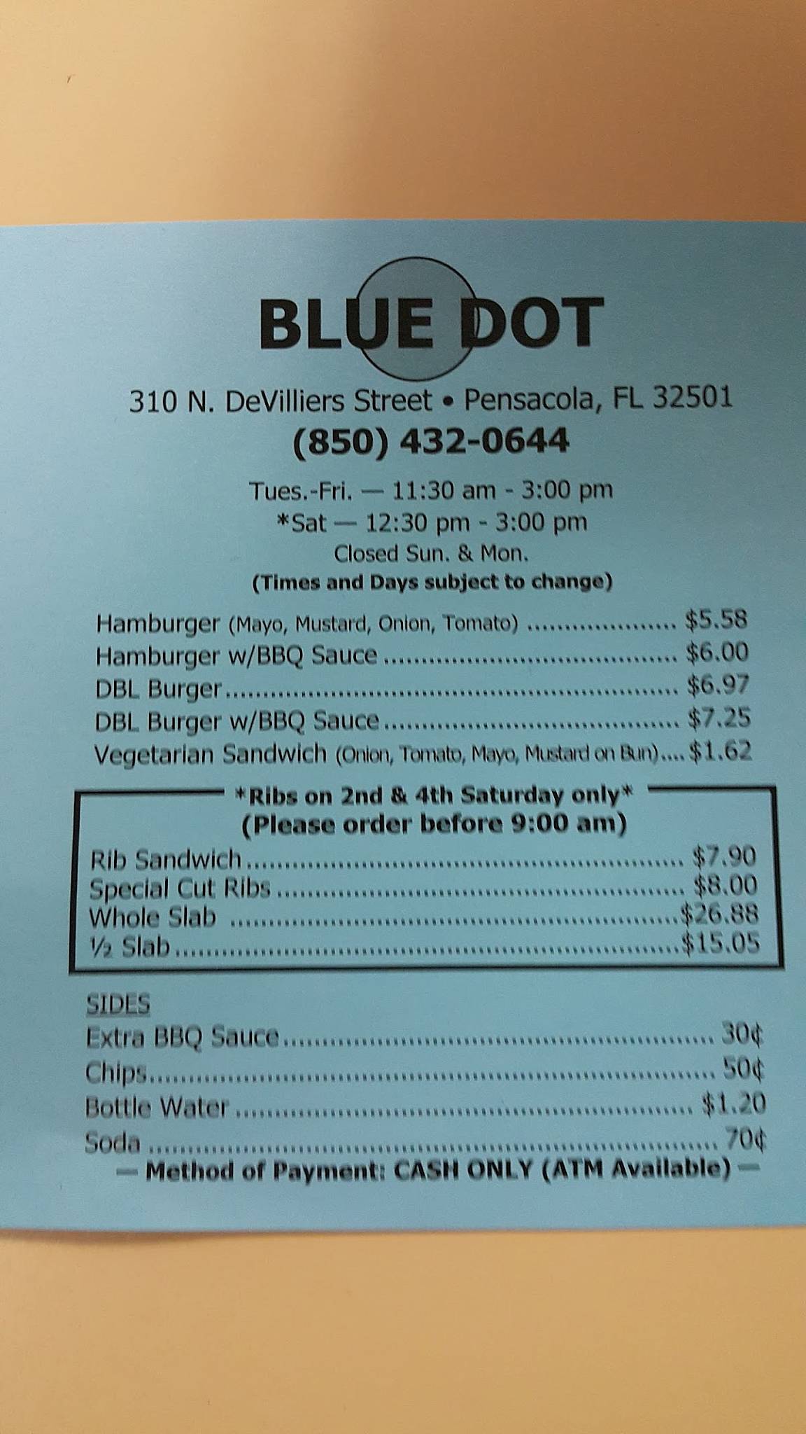 Menu at Blue Dot BBQ, Pensacola