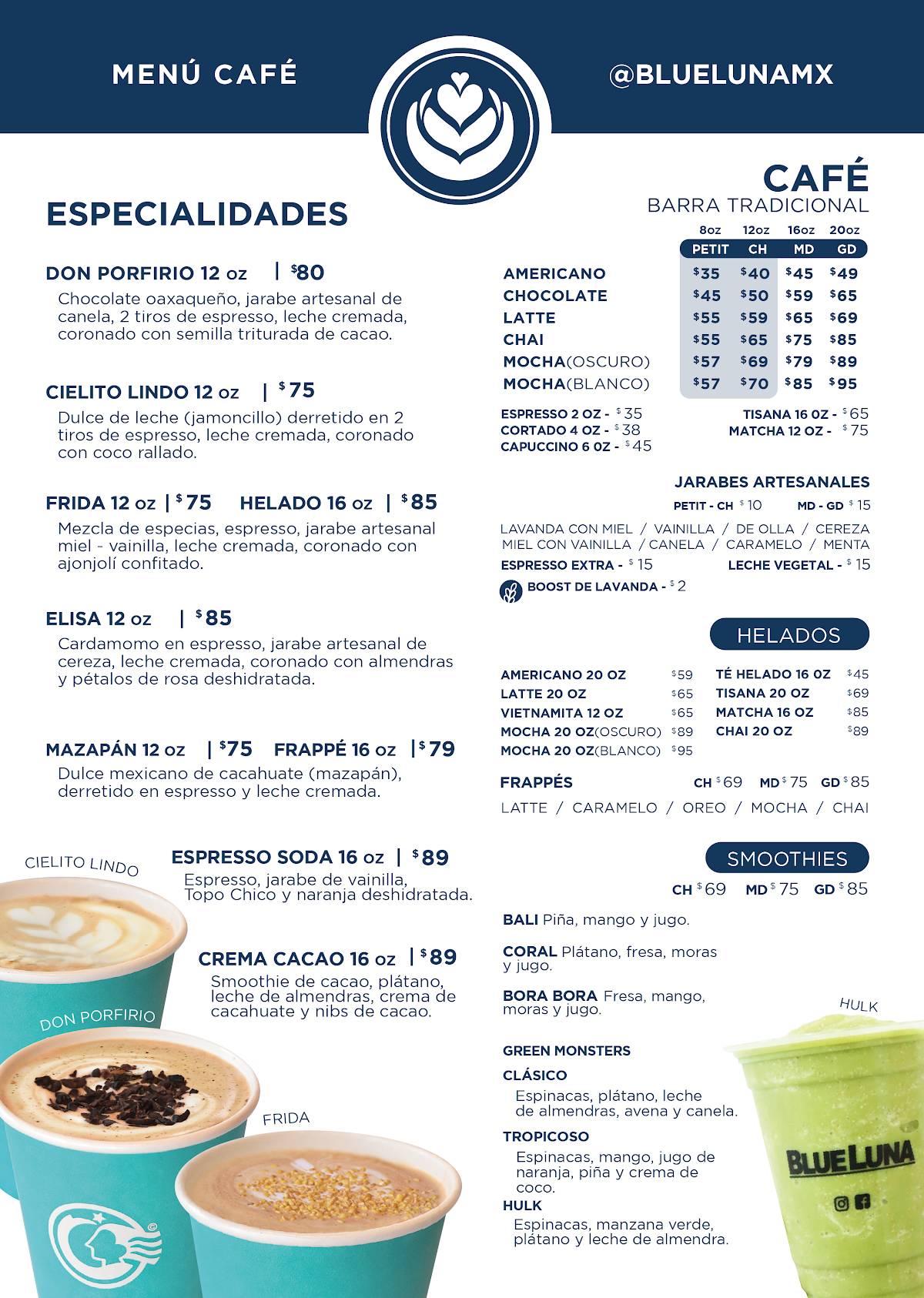 Carta de cafetería Blue Luna Santa Fe, Tijuana