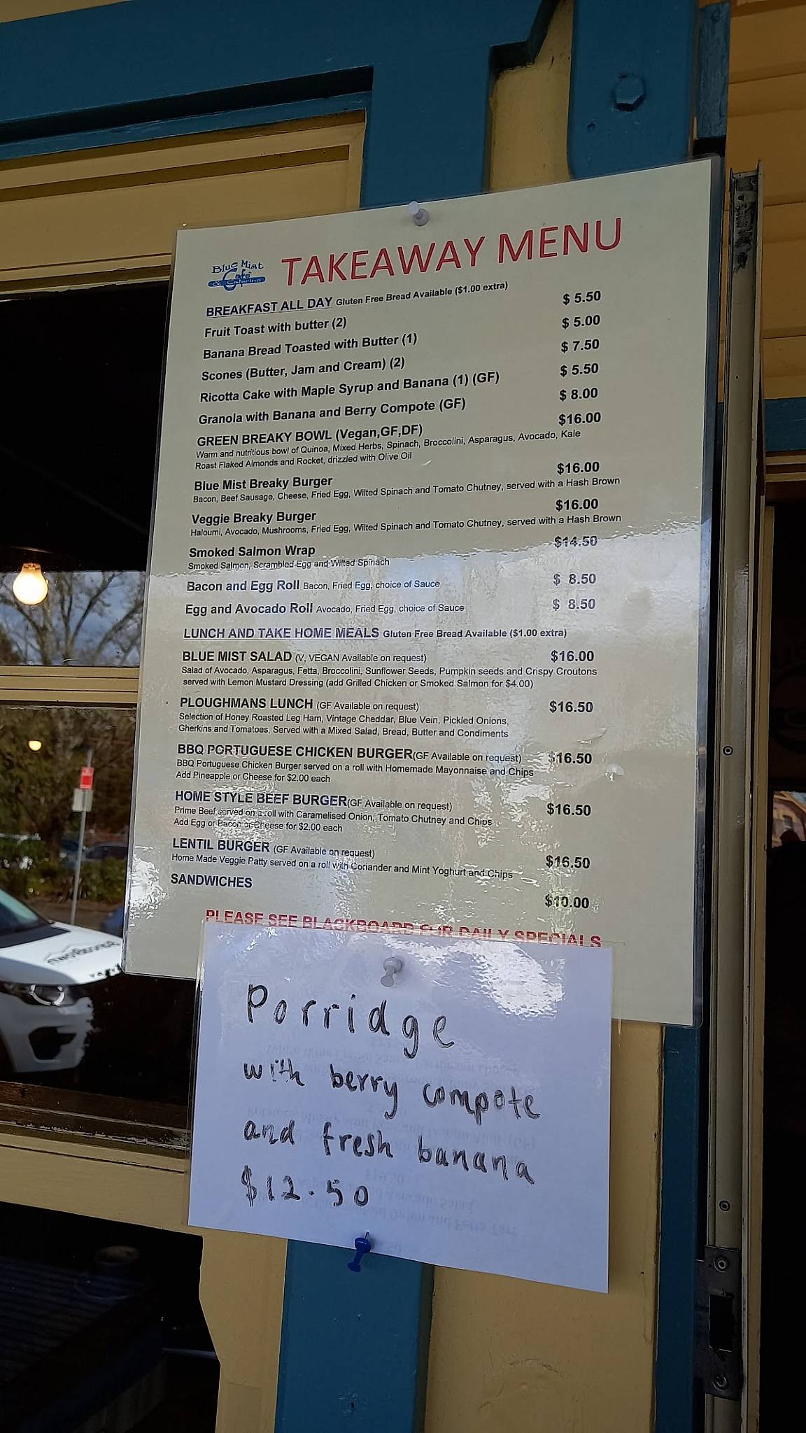 Menu at Blue Mist Cafe, Wentworth Falls