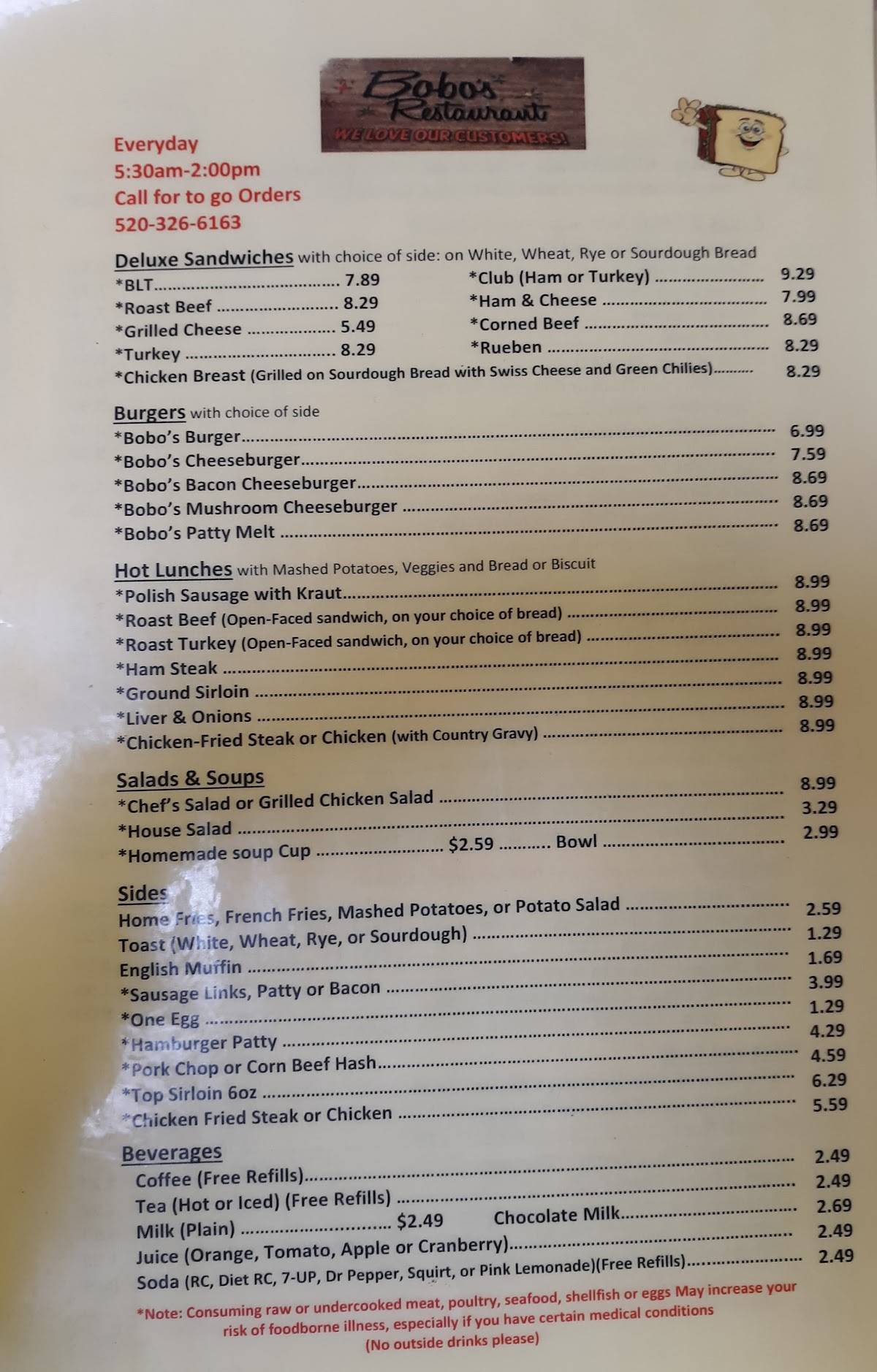 Menu at Bobo's Restaurant, Tucson