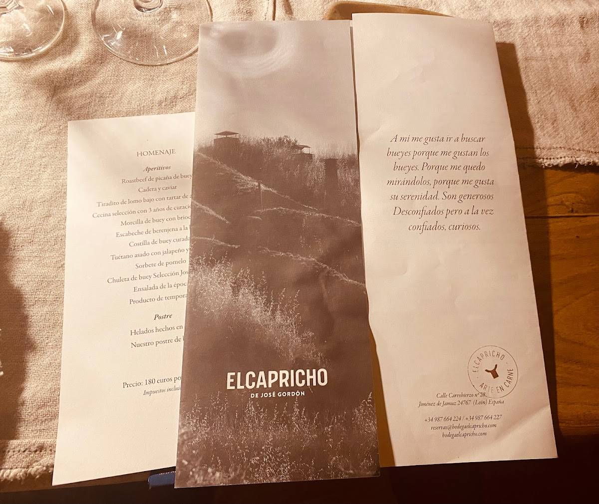 Menu at Bodega El Capricho restaurant, Jiménez de Jamuz, c/ Carrobierzo