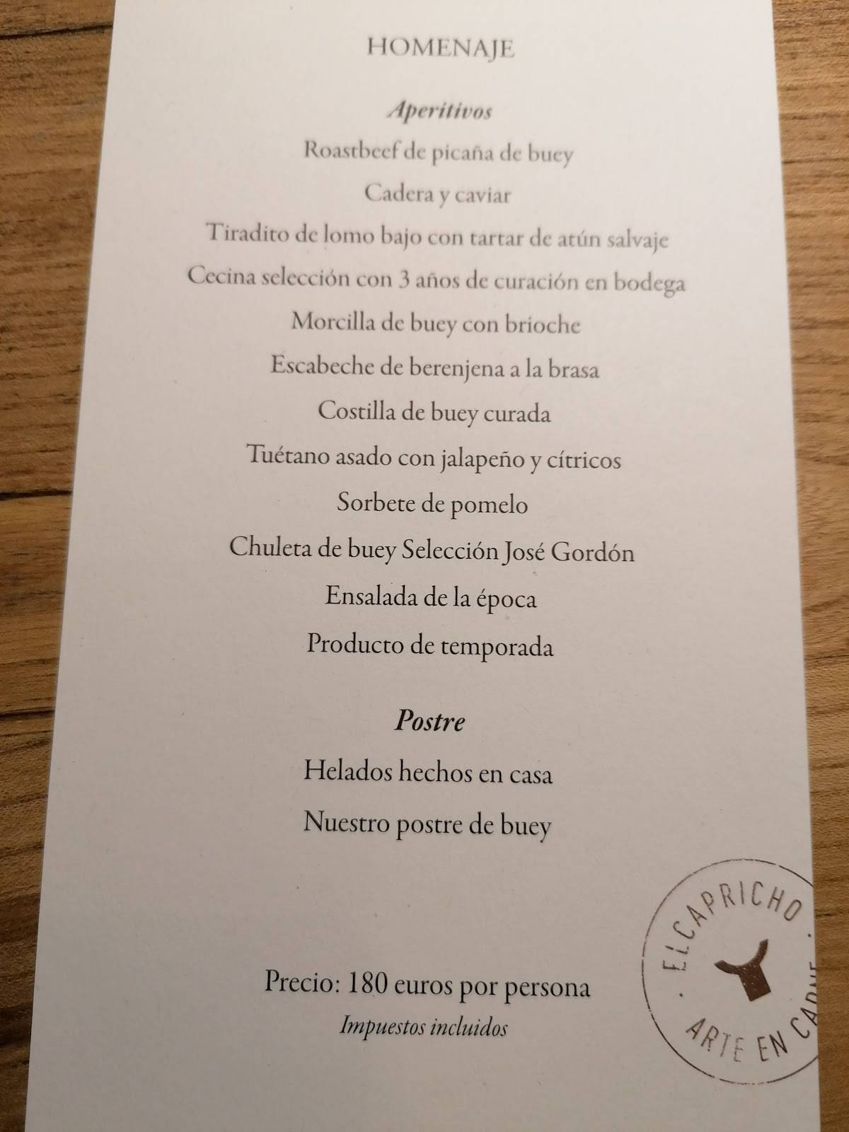 Menu at Bodega El Capricho restaurant, Jiménez de Jamuz, c/ Carrobierzo