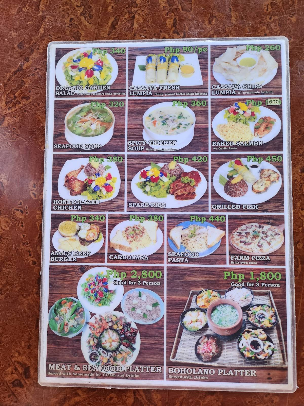 Menu at Bohol Bee Farm restaurant, Dauis