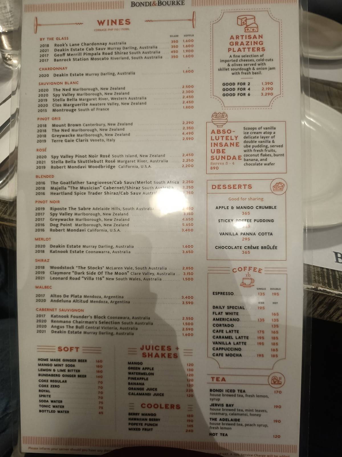 Menu at Bondi&Bourke Davao restaurant, Davao City