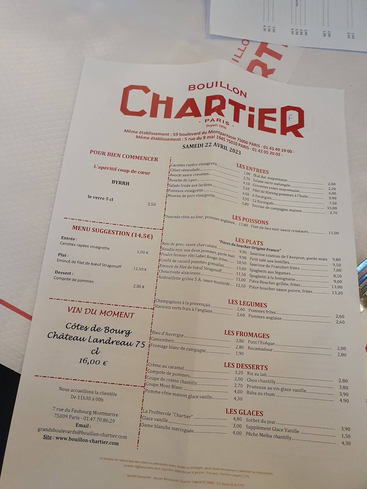 Menu at Bouillon Chartier Grands Boulevards restaurant, Paris, 7 Rue du ...