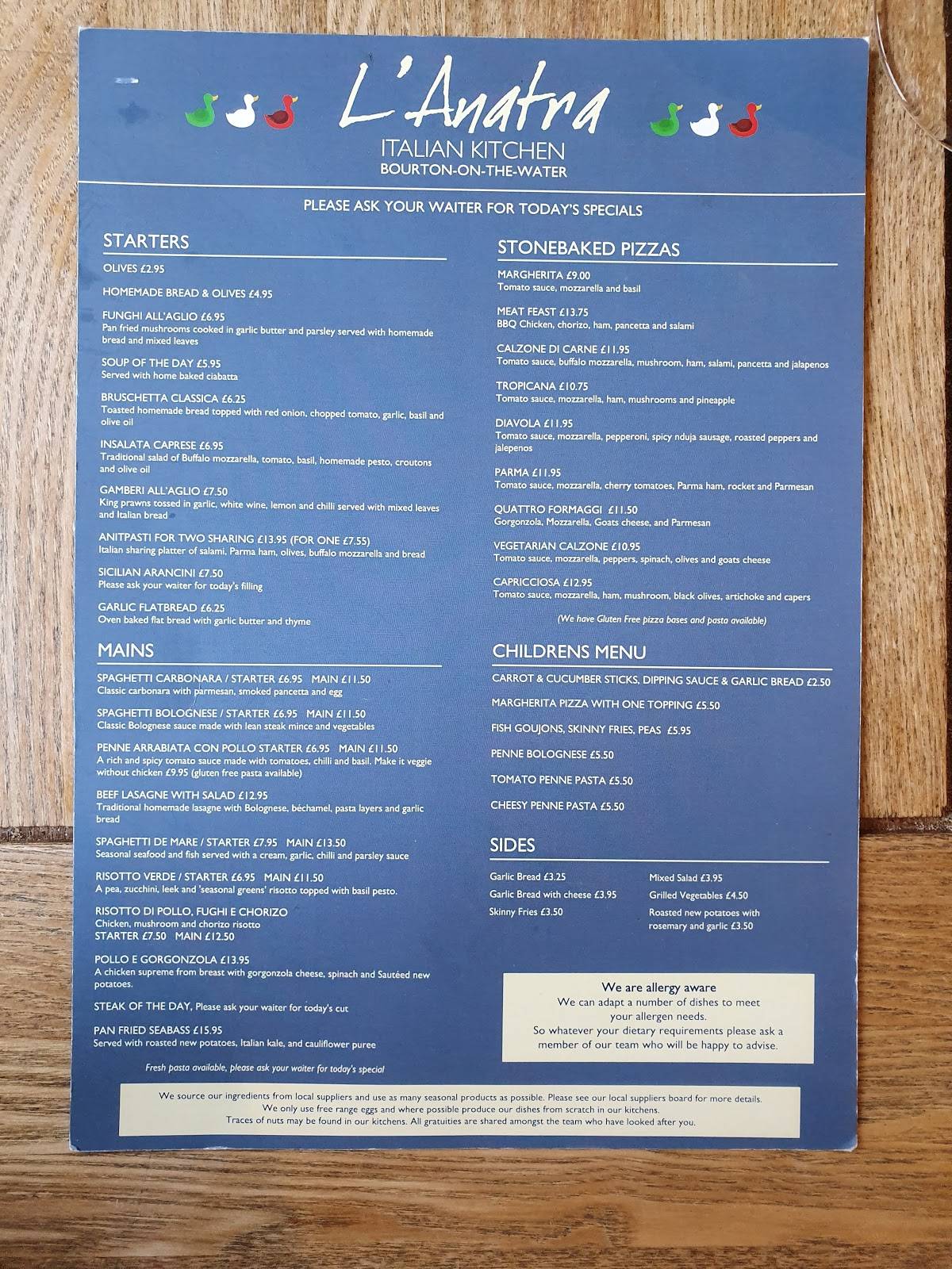 Menu at L'anatra restaurant, Bourton-on-the-Water