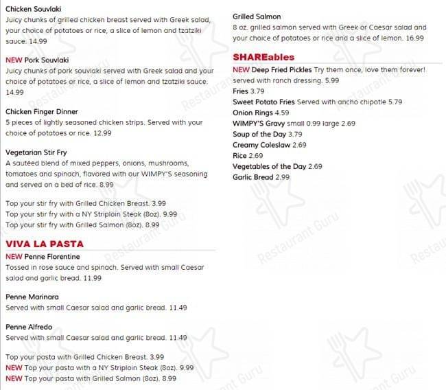 Menu at Wimpy's Diner restaurant, Bowmanville