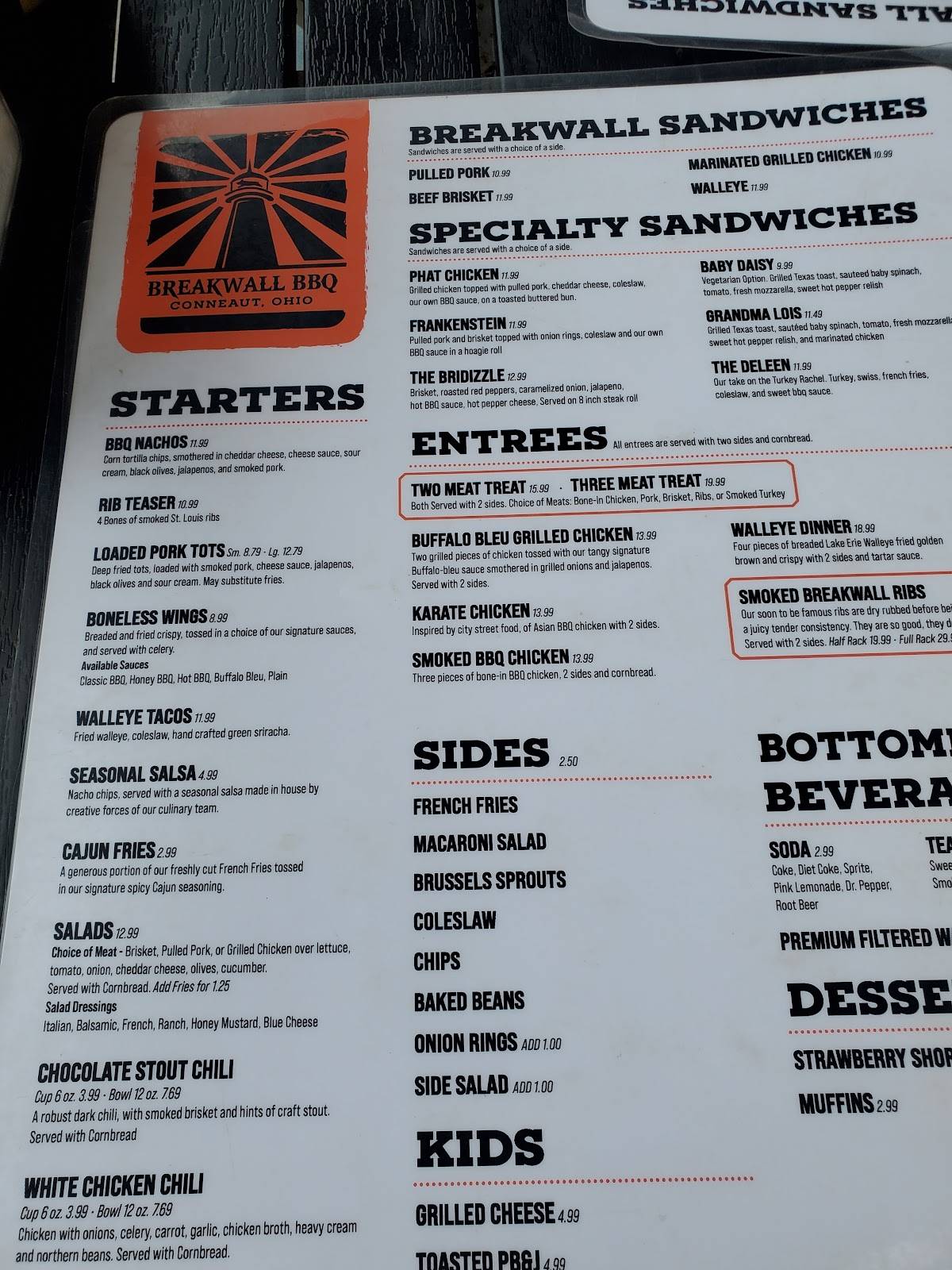 Menu at Breakwall BBQ, Conneaut, 1/2 Marina Dr