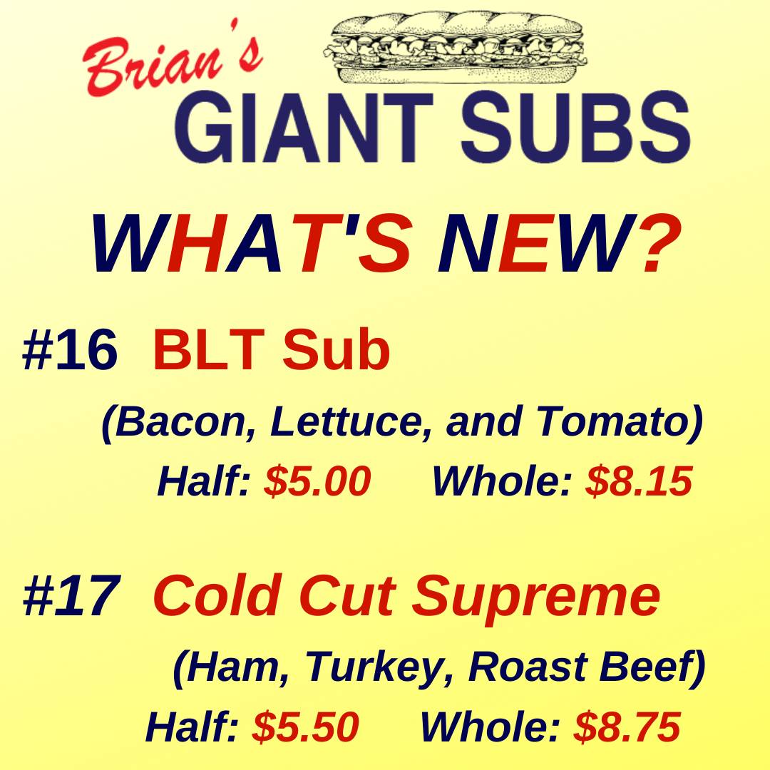 Menu at Brian's Giant Subs restaurant, Dublin