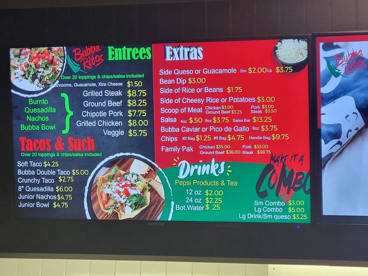 Menu at Bubba Ritos restaurant, Boaz, US-431