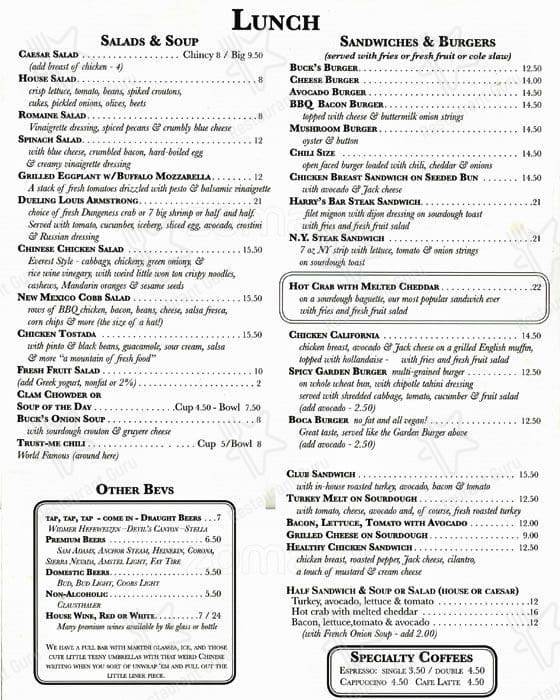 Menu at Buck’s Restaurant, Woodside, Woodside Rd