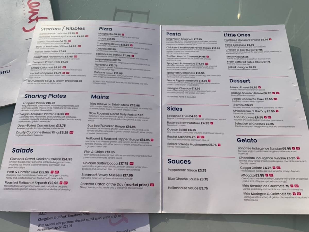 Menu at Elements Restaurant, Bude
