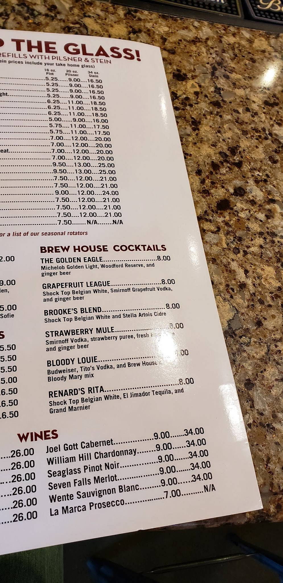 Menu at Budweiser Brew House pub & bar, St. Louis, 601 Clark Ave #101