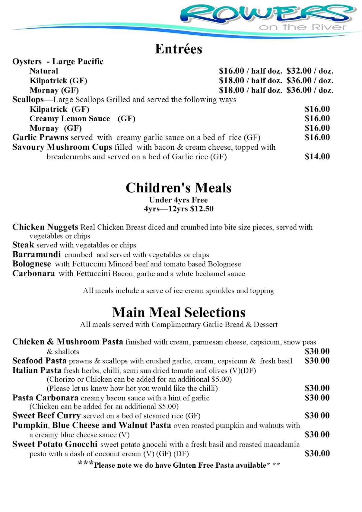 Menu at Rowers on the River restaurant, Bundaberg Central