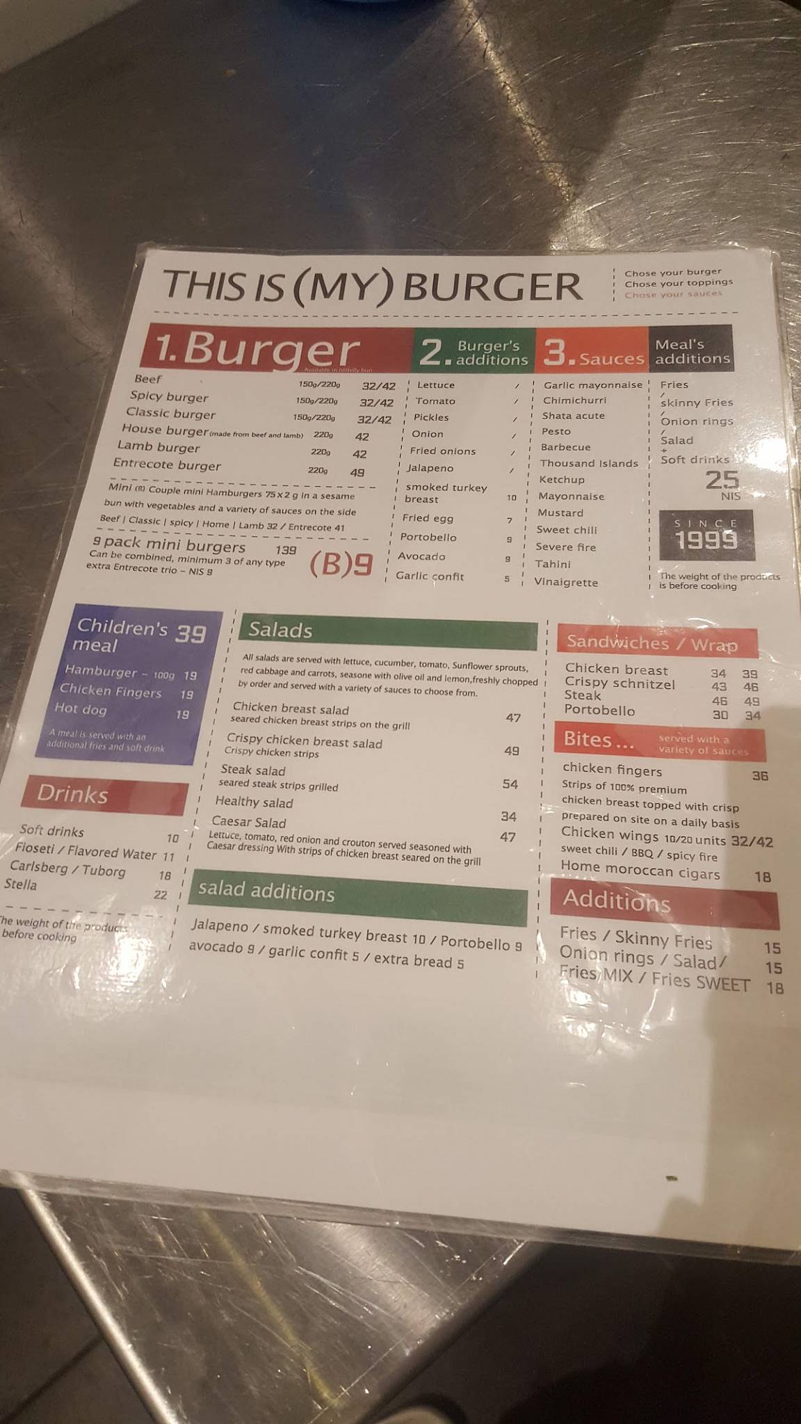 Menu at Burgers Bar, Jerusalem, Ben Yehuda St 2