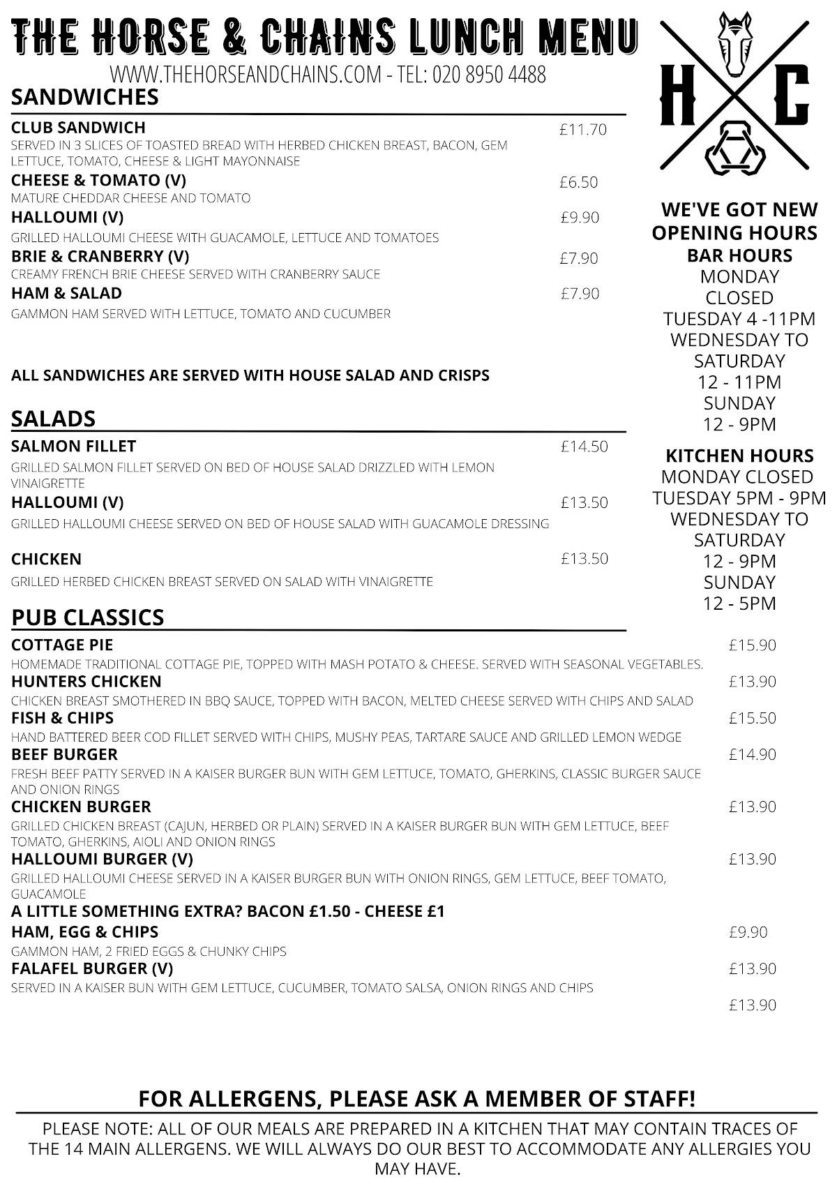 Menu at The Horse & Chains pub & bar, Bushey