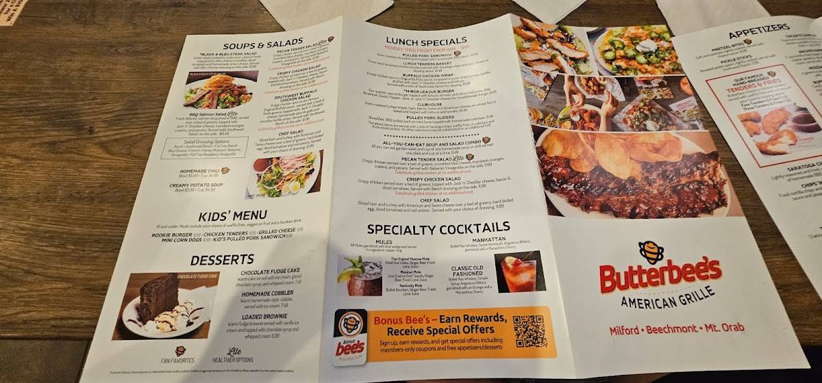 Menu at Butterbee's American Grille pub & bar, Mount Orab