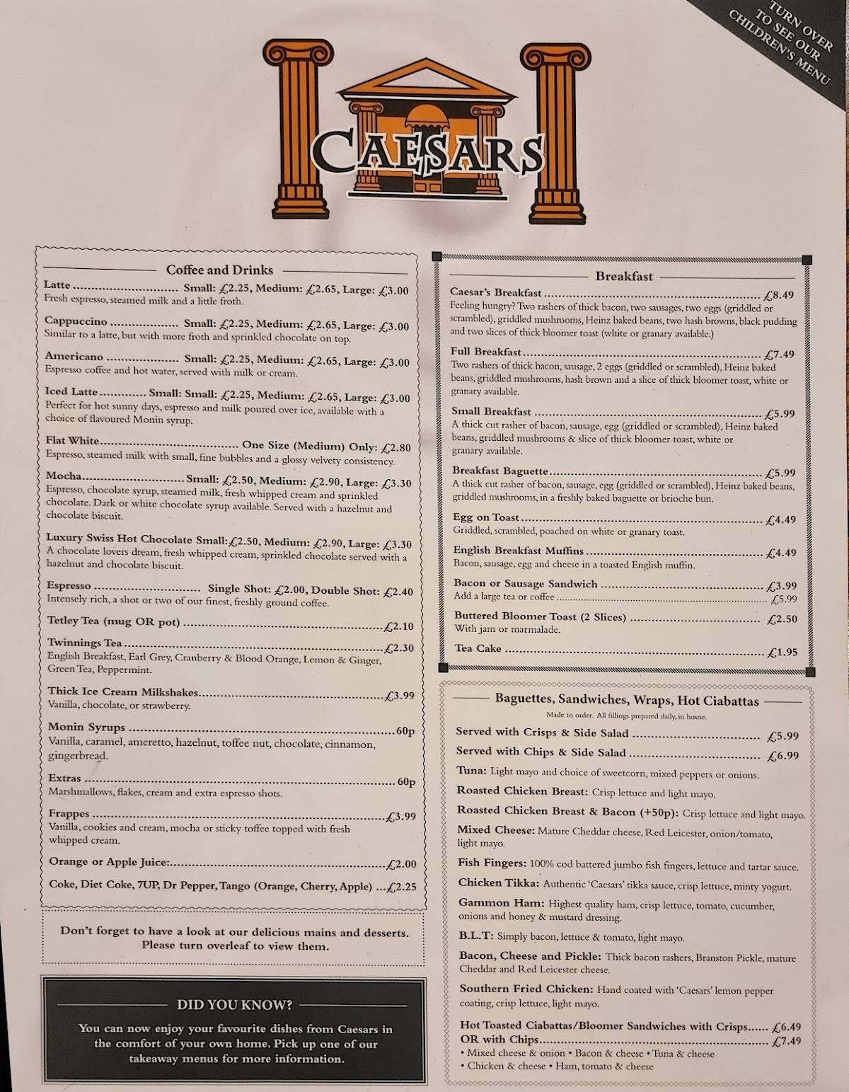 Menu at Caesars cafe, Barry