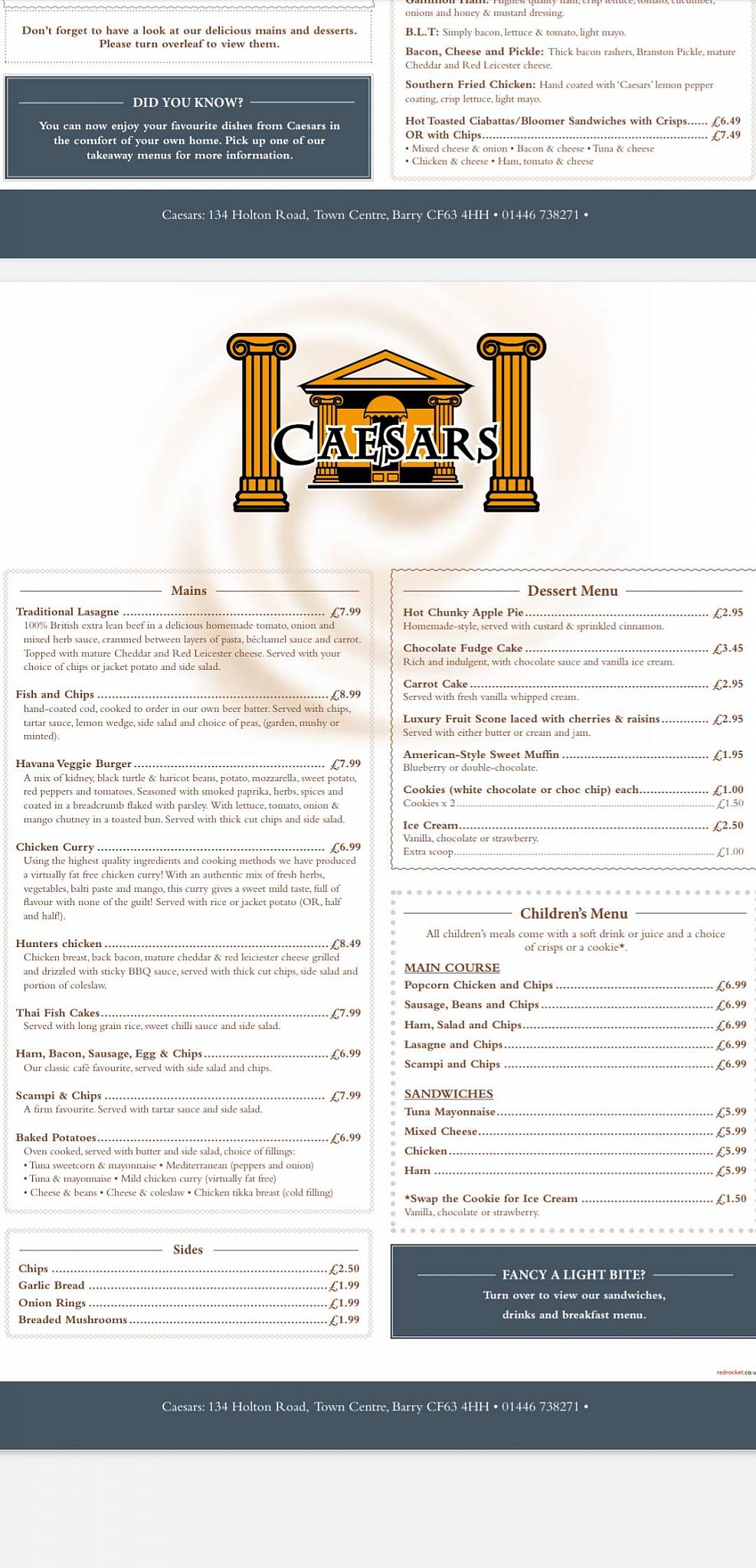 Menu at Caesars cafe, Barry