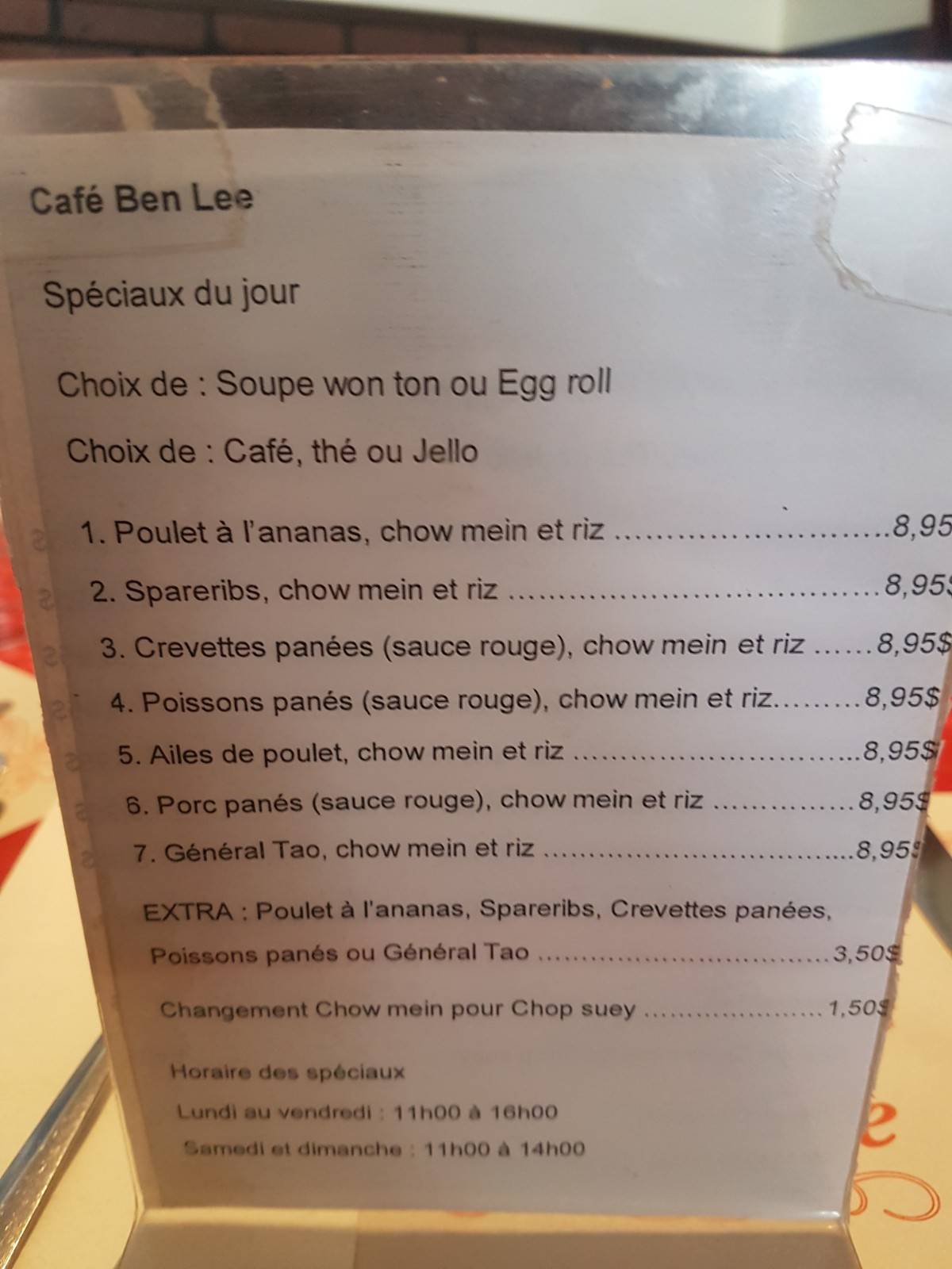 Menu au Café Ben Lee, Sherbrooke