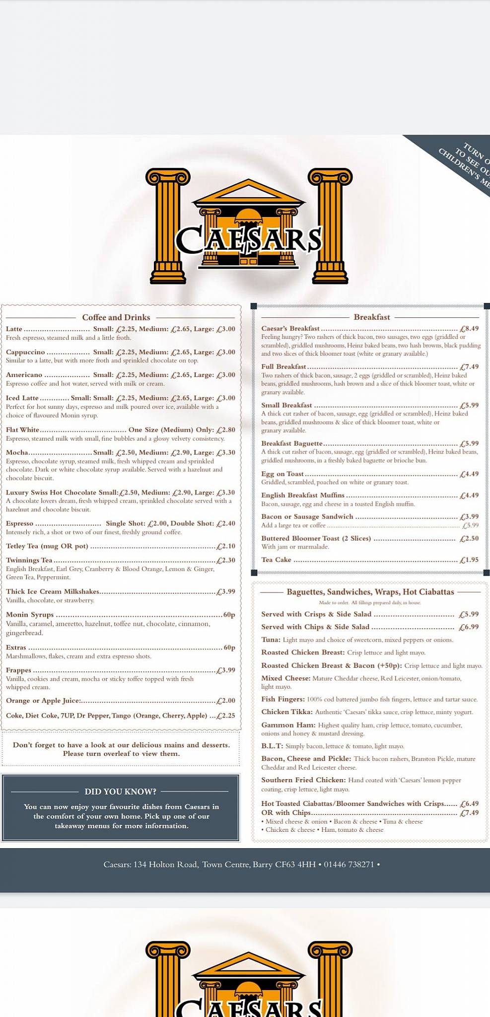 Menu at Caesars cafe, Barry